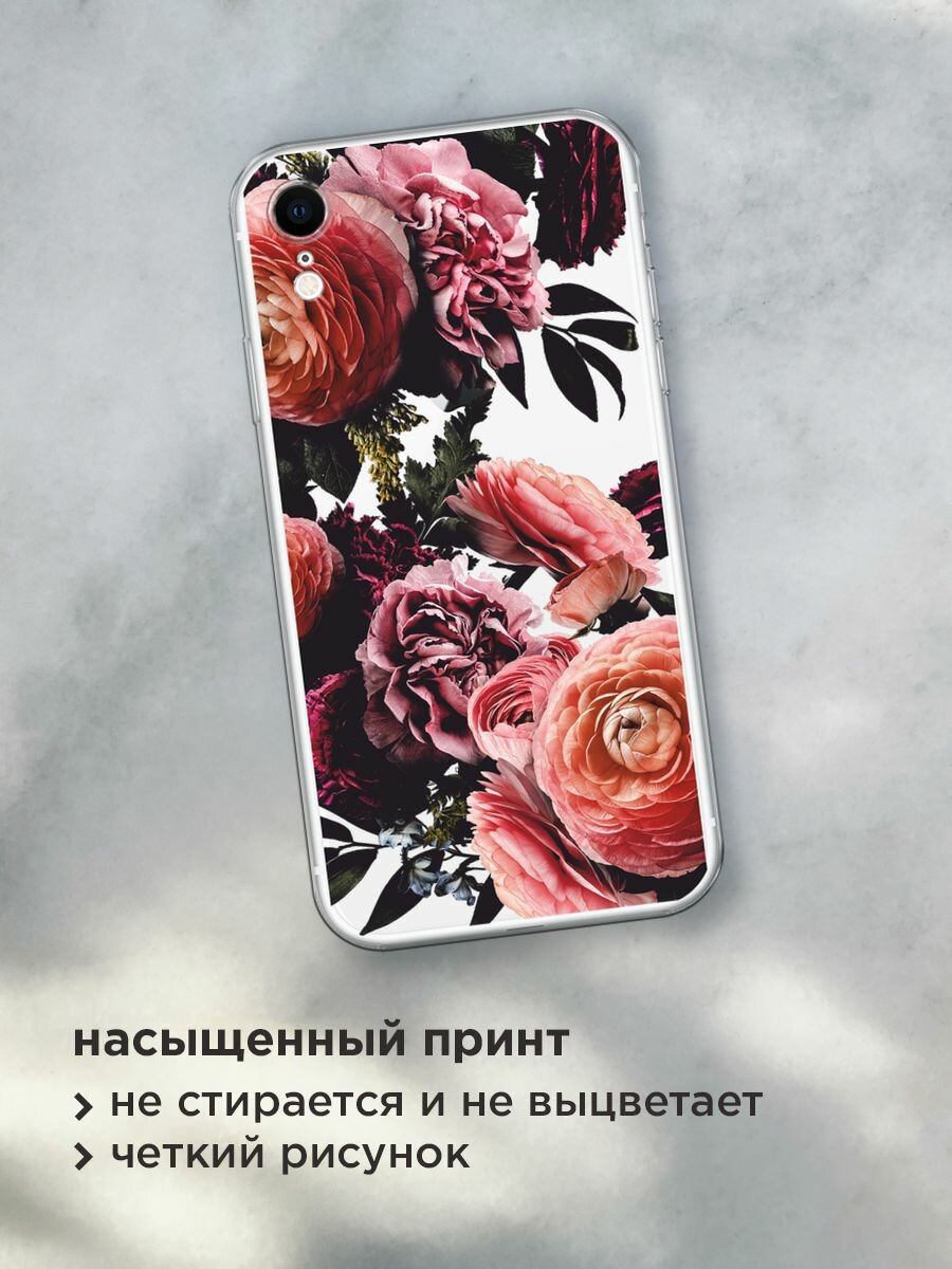 Чехол на Apple iPhone XR / Айфон XR с принтом "Бордовые винтажные цветы", прозрачный — фото 1