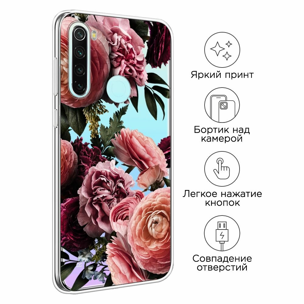 Чехол на Xiaomi Redmi Note 8 / Сяоми Редми Нот 8 с принтом "Бордовые винтажные цветы", прозрачный — фото 1