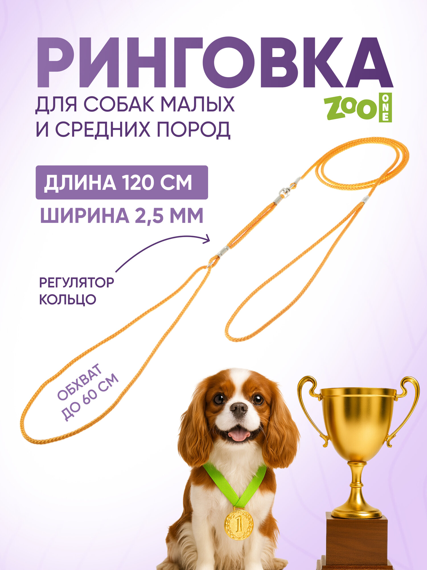 Ринговка для собак круглая с кольцом, на обжимках, обхват до 62 см, нейлон ширина 2,5 мм, длина 120 см, оранжевая ZooOne