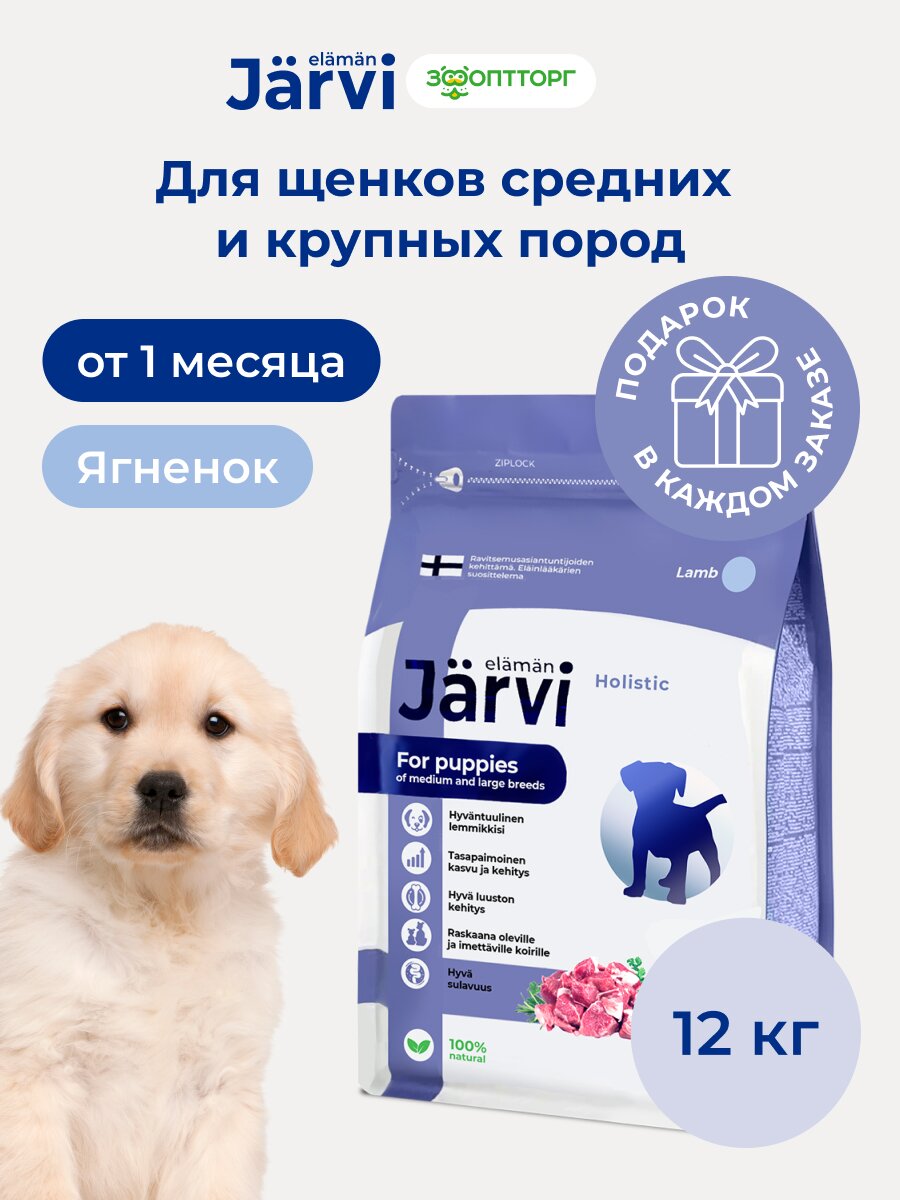 Сухой корм Jarvi полнорационный для щенков средних и крупных пород с ягненком, 12 кг