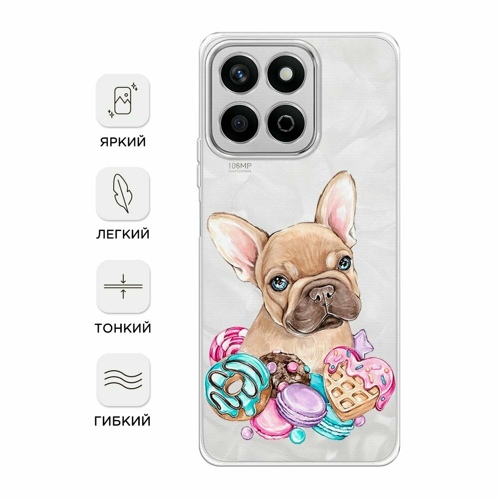 Чехол на Honor X7c / Хонор X7c с принтом "Бульдог и сладости", прозрачный — фото 1