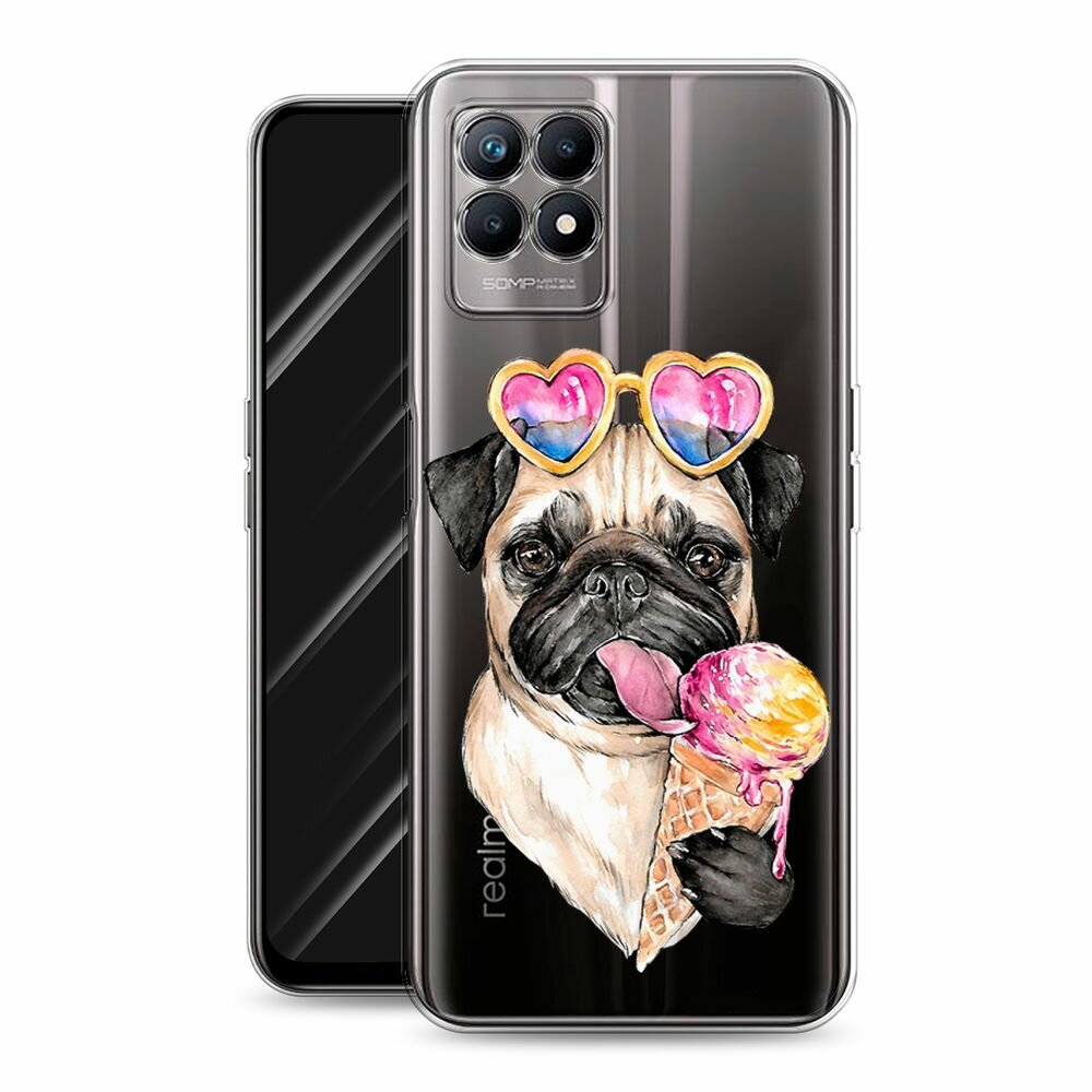 Чехол на Realme 8i / Реалми 8i с принтом Мопс с мороженкой, прозрачный — фото 1