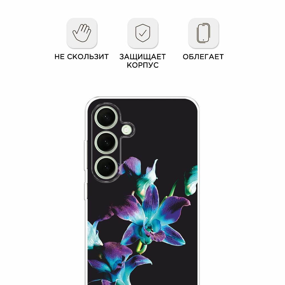 Чехол на Samsung Galaxy S25 Plus / Самсунг S25 Плюс с принтом "Синий цветок на черном" — фото 1