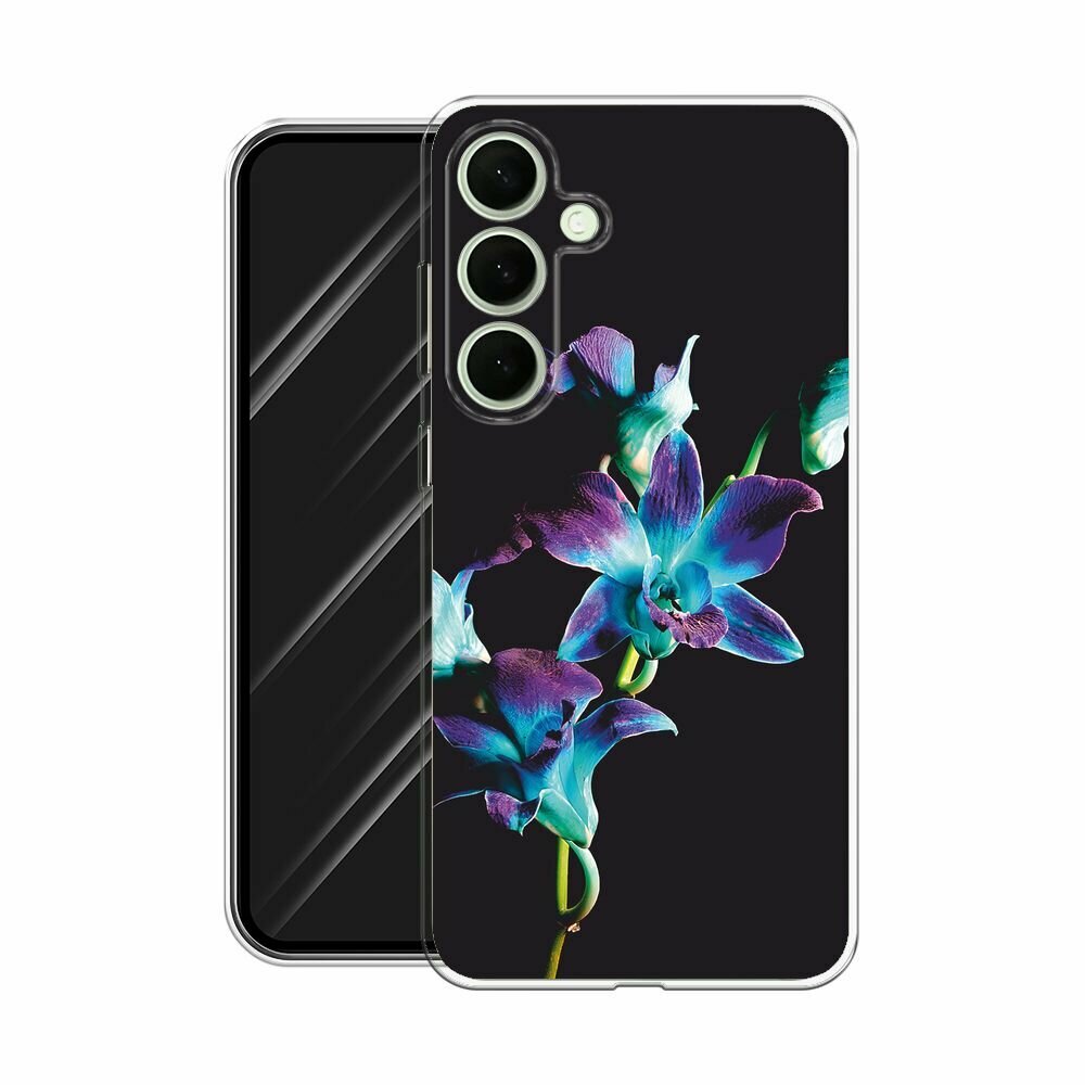Чехол на Samsung Galaxy S25 Plus / Самсунг S25 Плюс с принтом "Синий цветок на черном" — фото 1