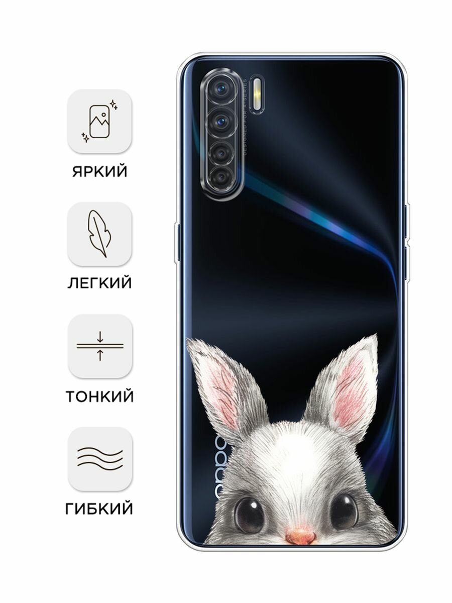Чехол на Oppo A91/Reno 3 / Оппо A91/Рено 3 с принтом "Карандашный кролик 2 - 8 марта", прозрачный — фото 1