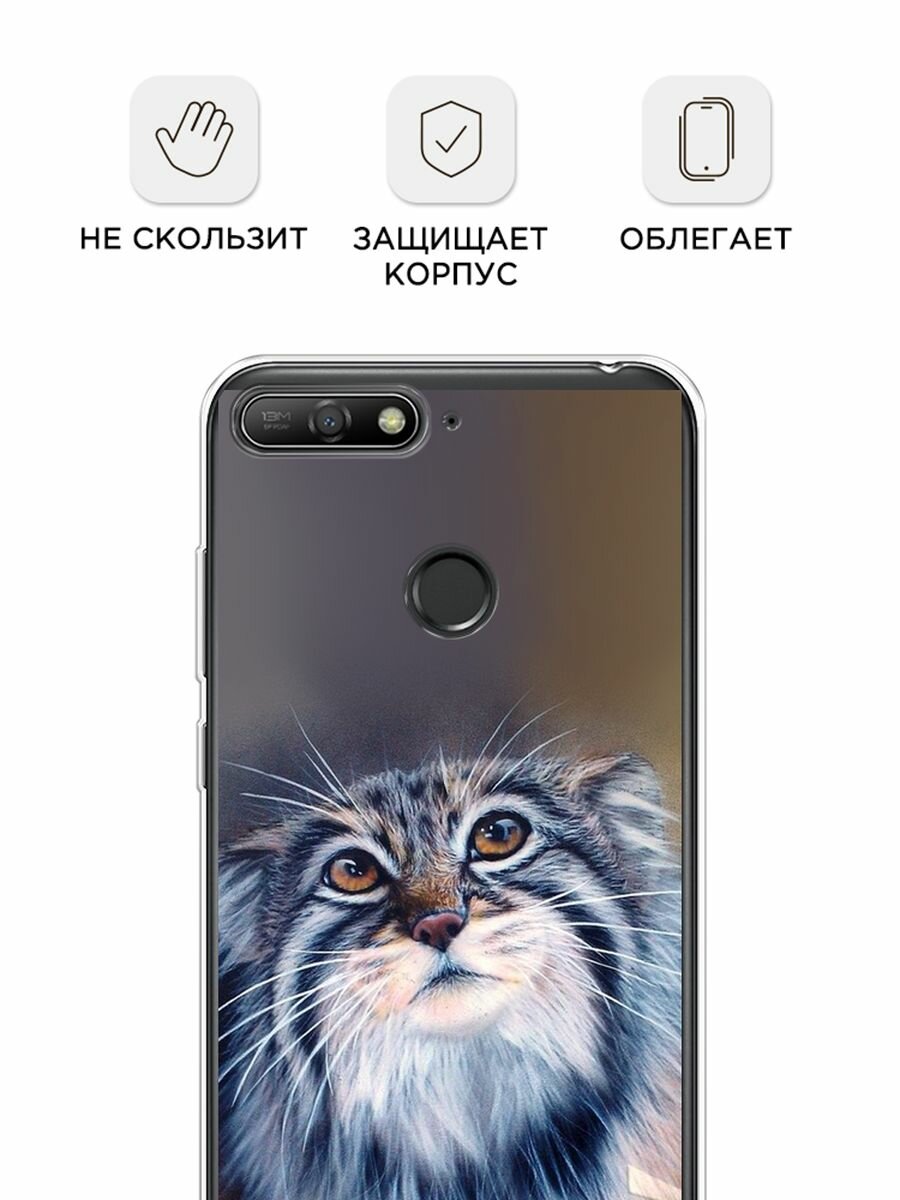 Чехол на Honor 7C/7A Pro/Huawei Y6 Prime 2018 / Хонор 7С/7А Про/Хуавей Y6 Prime 2018 с принтом "Кот манул 2" — фото 1