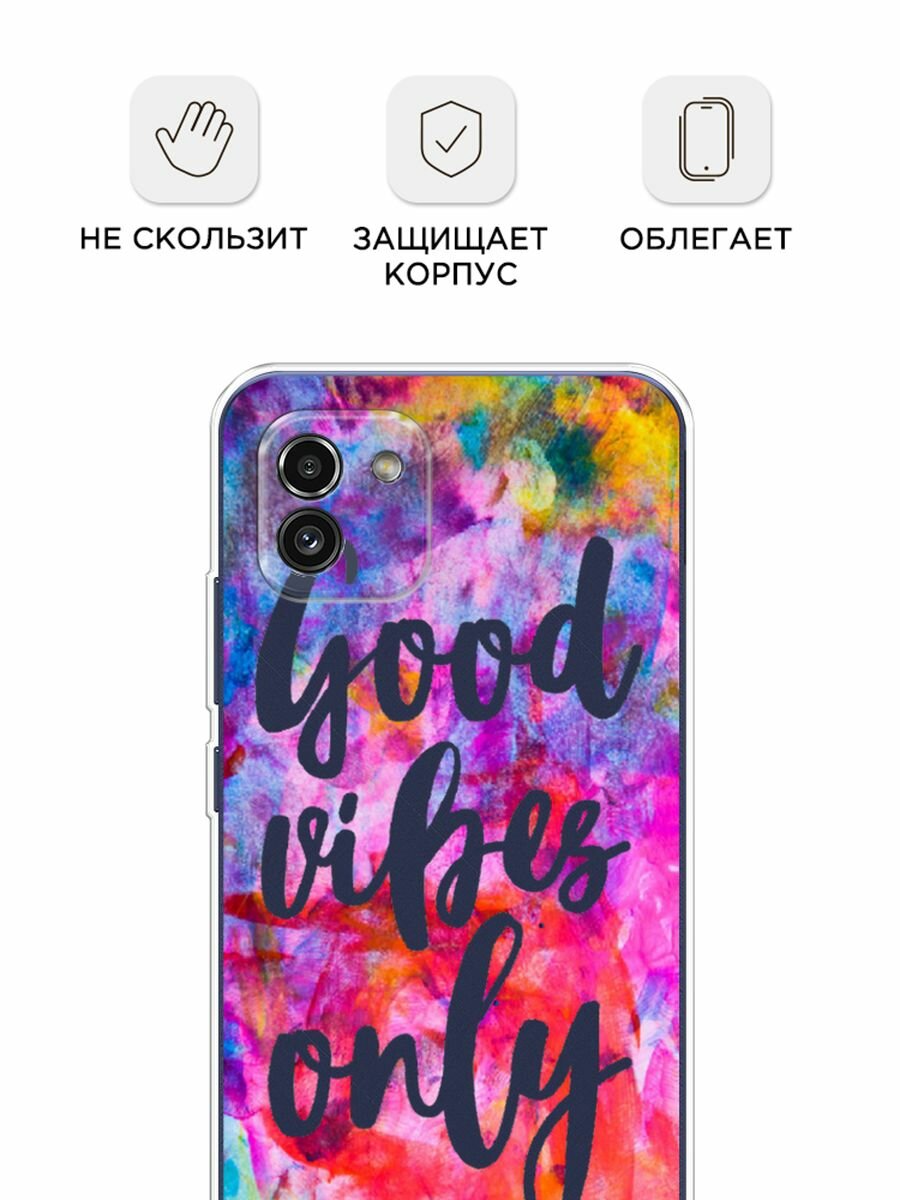 Чехол на Samsung Galaxy A03 / Самсунг Галакси А03 с принтом Good vibes only радуга, прозрачный — фото 1
