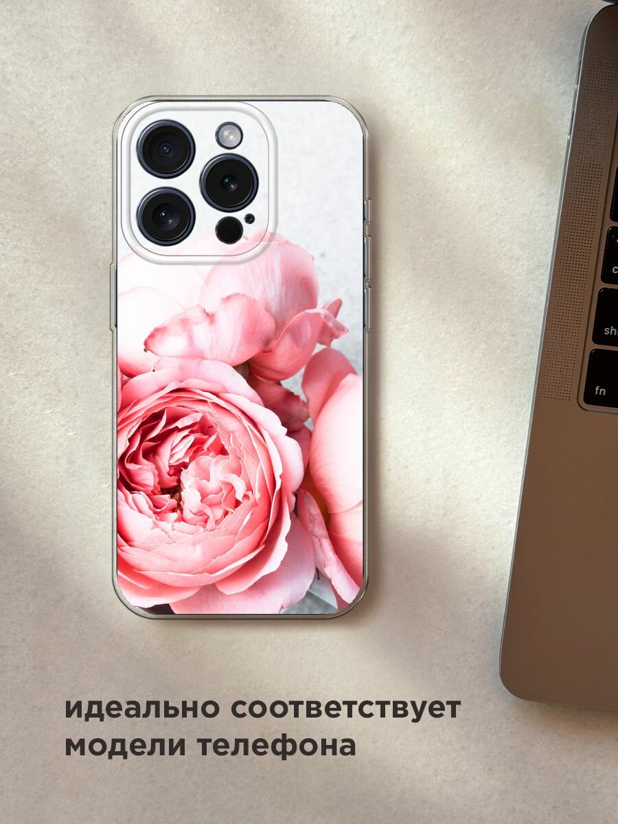 Чехол на Apple iPhone 15 Pro / Айфон 15 Про с принтом "Пионы на белом" — фото 1