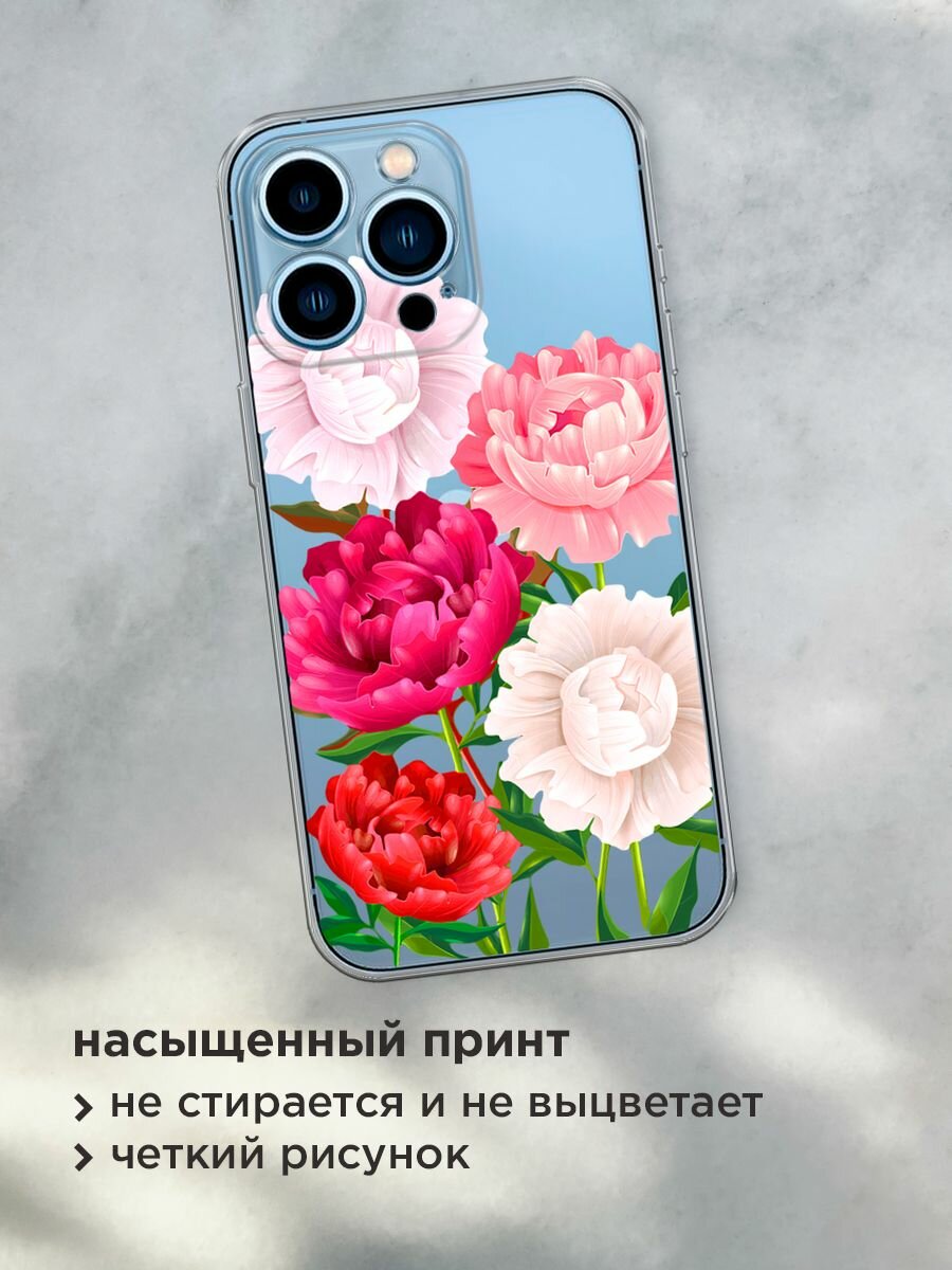 Чехол на Apple iPhone 13 Pro / Айфон 13 Про с принтом "Большие пионы", прозрачный — фото 1