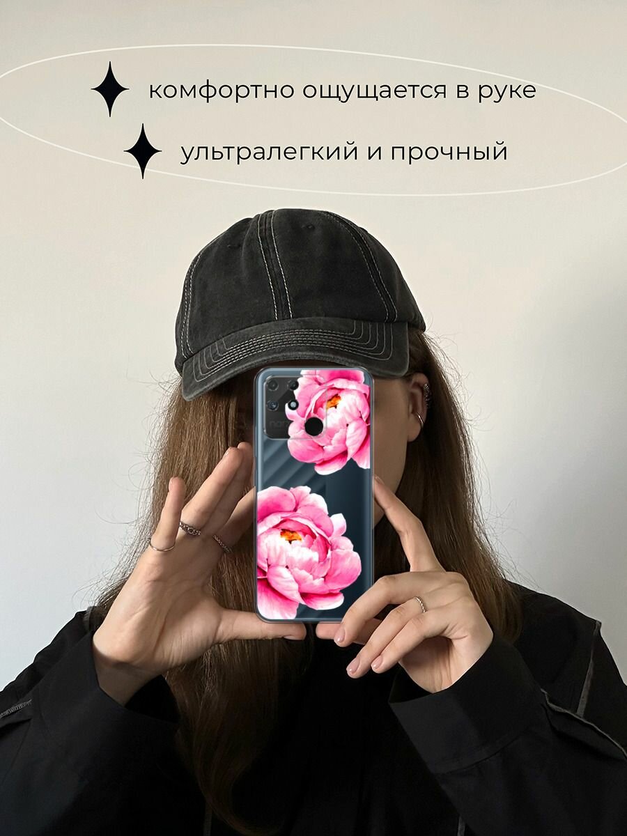 Чехол на Realme Narzo 50A / Реалми Нарзо 50A с принтом "Open peonies", прозрачный — фото 1