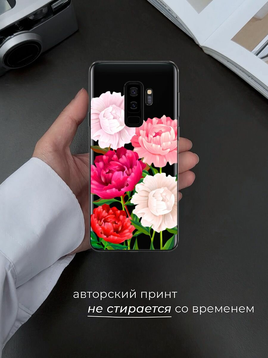 Чехол на Samsung Galaxy S9 + / Самсунг Галакси С9 Плюс с принтом "Большие пионы", прозрачный — фото 1