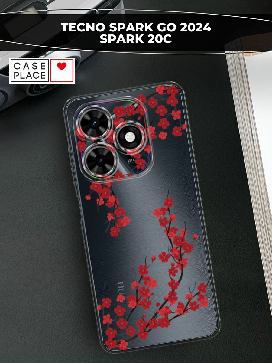 Чехол на Tecno Spark Go 2024/Spark 20C / Текно Спарк Го 2024/Спарк 20C с принтом "Красная сакура", прозрачный