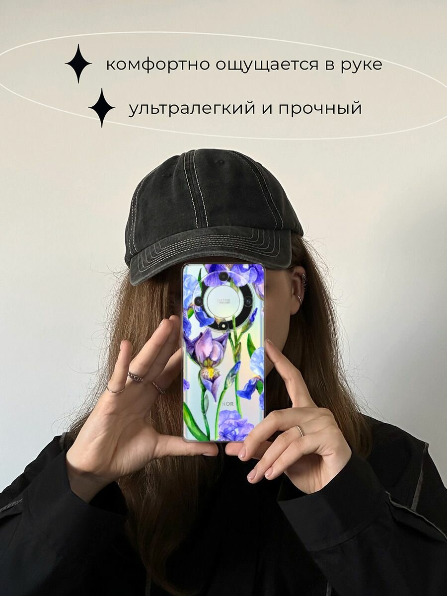 Чехол на Honor X9A / Хонор X9A с принтом "Синие ирисы", прозрачный — фото 1