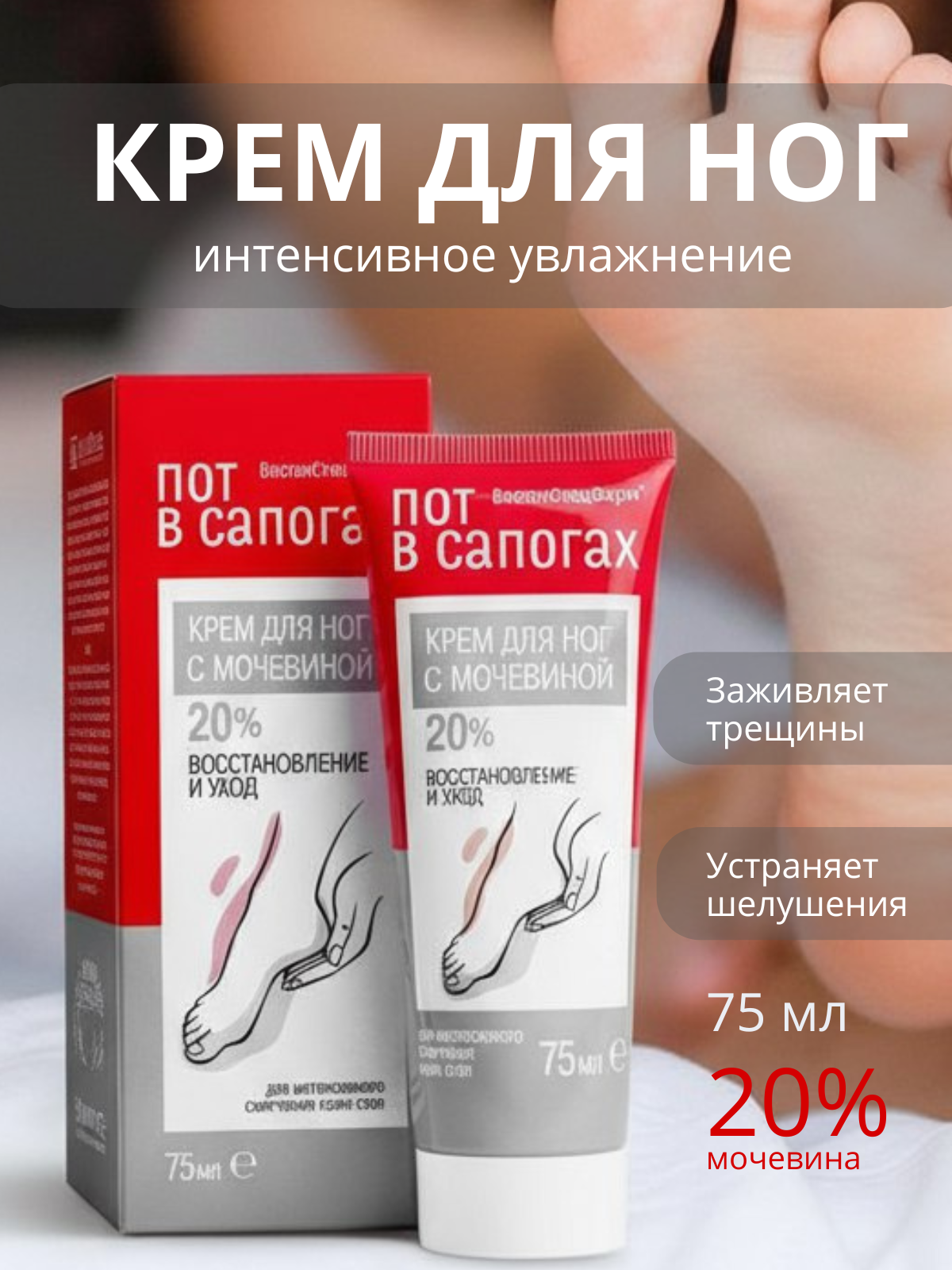 Крем для ног с мочевиной 20% увлажняющий противогрибковый от трещин и натоптышей