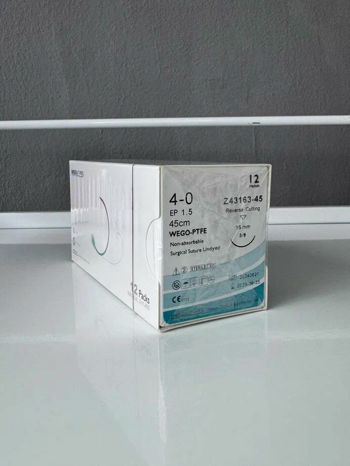 Птфэ, материал хирургический шовный, 4/0, 45 см, игла обратно-режущая, 3/8, 16 мм, неокрашенный.