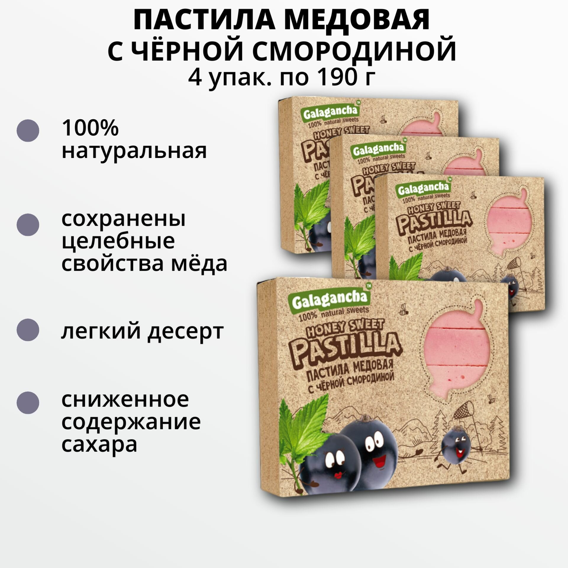 Пастила медовая с черной смородиной, 4 шт. по 190 г, Берестов, Galagancha
