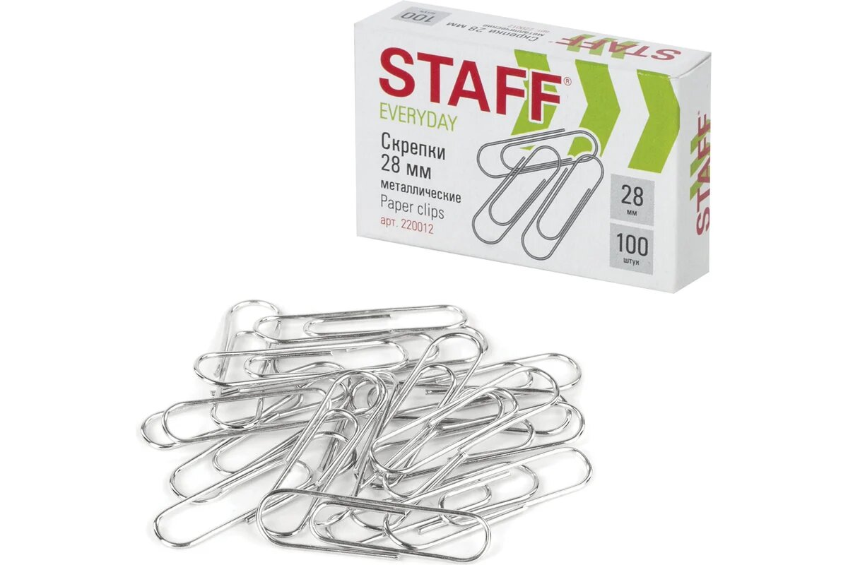 Staff EVERYDAY 28 мм металлические скрепки 100 шт в картонной коробке 220012
