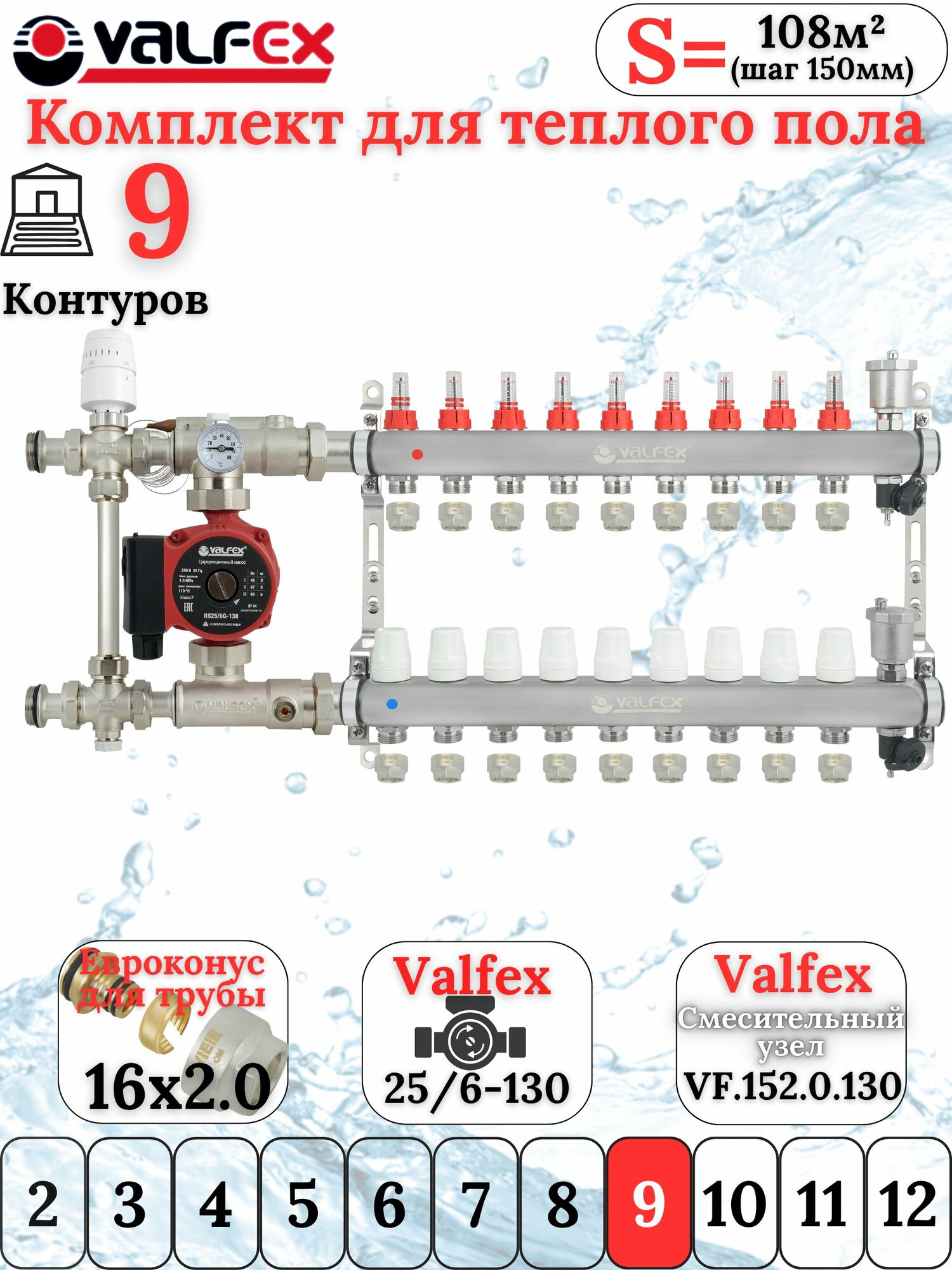 Комплект тёплого пола на 9 контуров VALFEX (Коллектор на 9 выходов+Насос+НСУ c байпасом+Евроконусы 16х2,0)