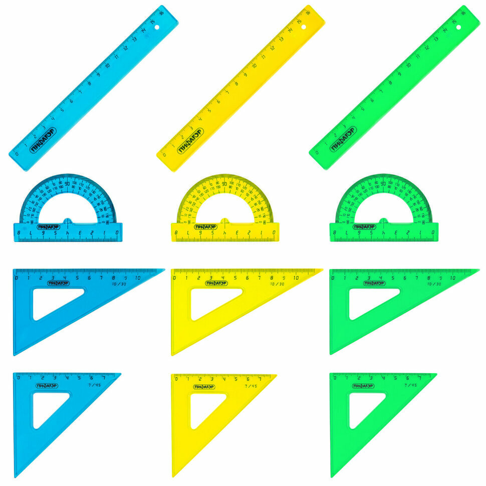 Набор чертежный малый пифагор (линейка 16 см, 2 треугольника, транспортир), неоновый, европодвес, 210625, 210625
