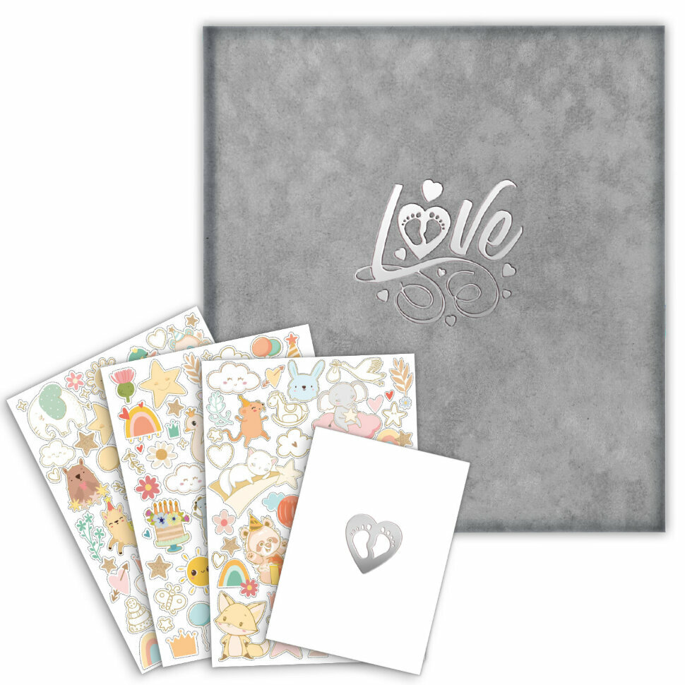 Фотоальбом-анкета детский 23х25 см, 32 листа, стикеры, открытка, конверт, серый бархат, BRAUBERG, 391422, 391422