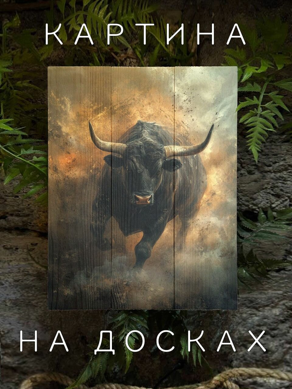 Картина на досках С быком buffalo. 30х40 см