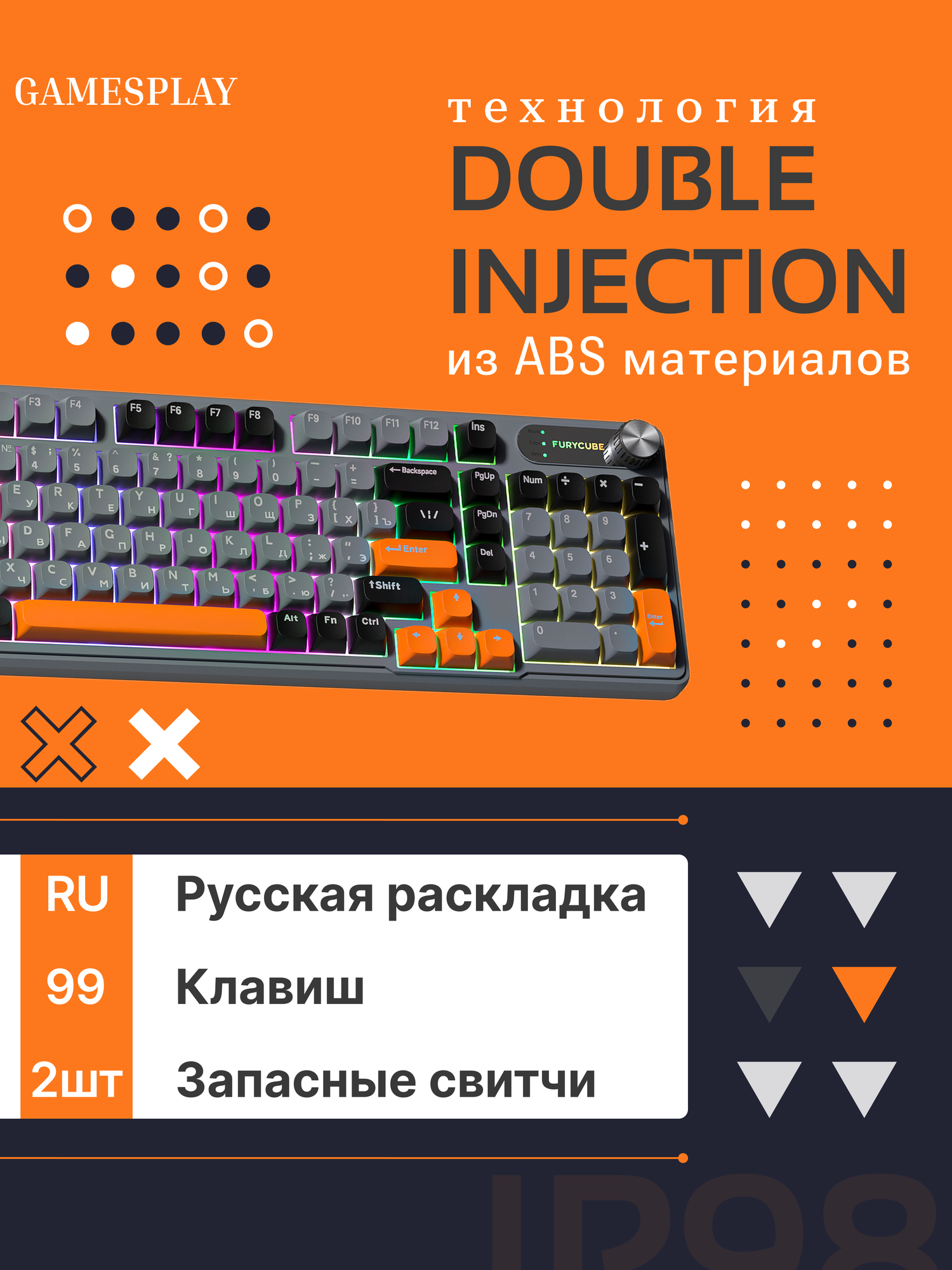 Игровая клавиатура с подсветкой , мембранная, серая, русская раскладка, RGB, 98 клавиш