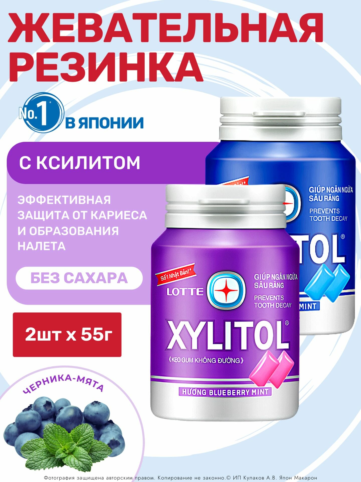 Жевательная резинка без сахара XYLITOL освежающая мята и черника, Lotte