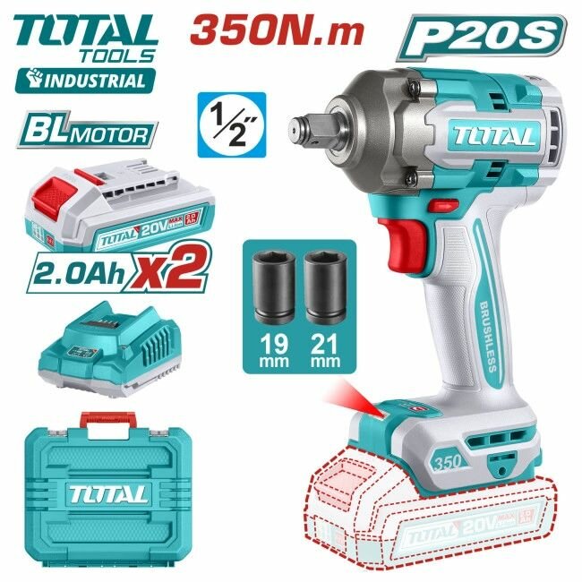 Аккумуляторный ударный гайковерт 1/2", 350 Нм, бесщеточный, TOTAL TIWLI2035 ( 2 АКБ+ЗУ+ кейс)