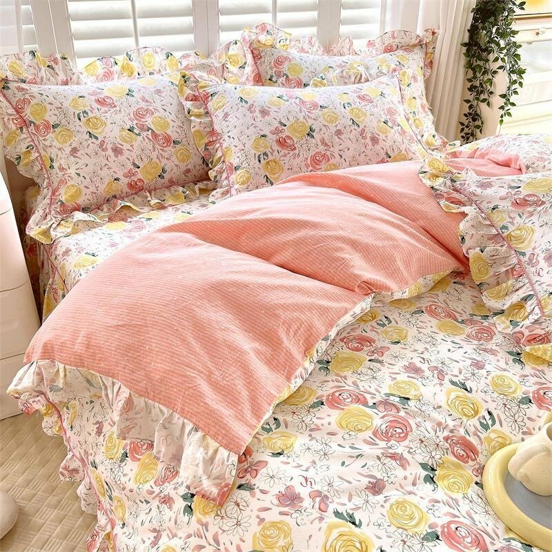 INS корейского стиля с винтажным цветочным принтом, 100% хлопок, комплект постельного белья из 4 предметов，200*230cm