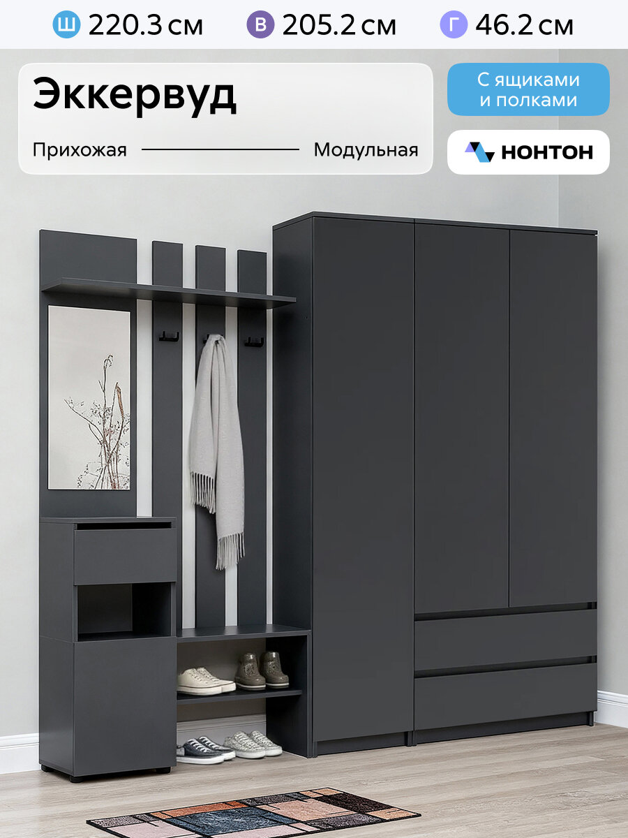 Стенка в прихожую Нонтон Эккервуд Макси, 220x46x205 см, 3 модуля, графит серый