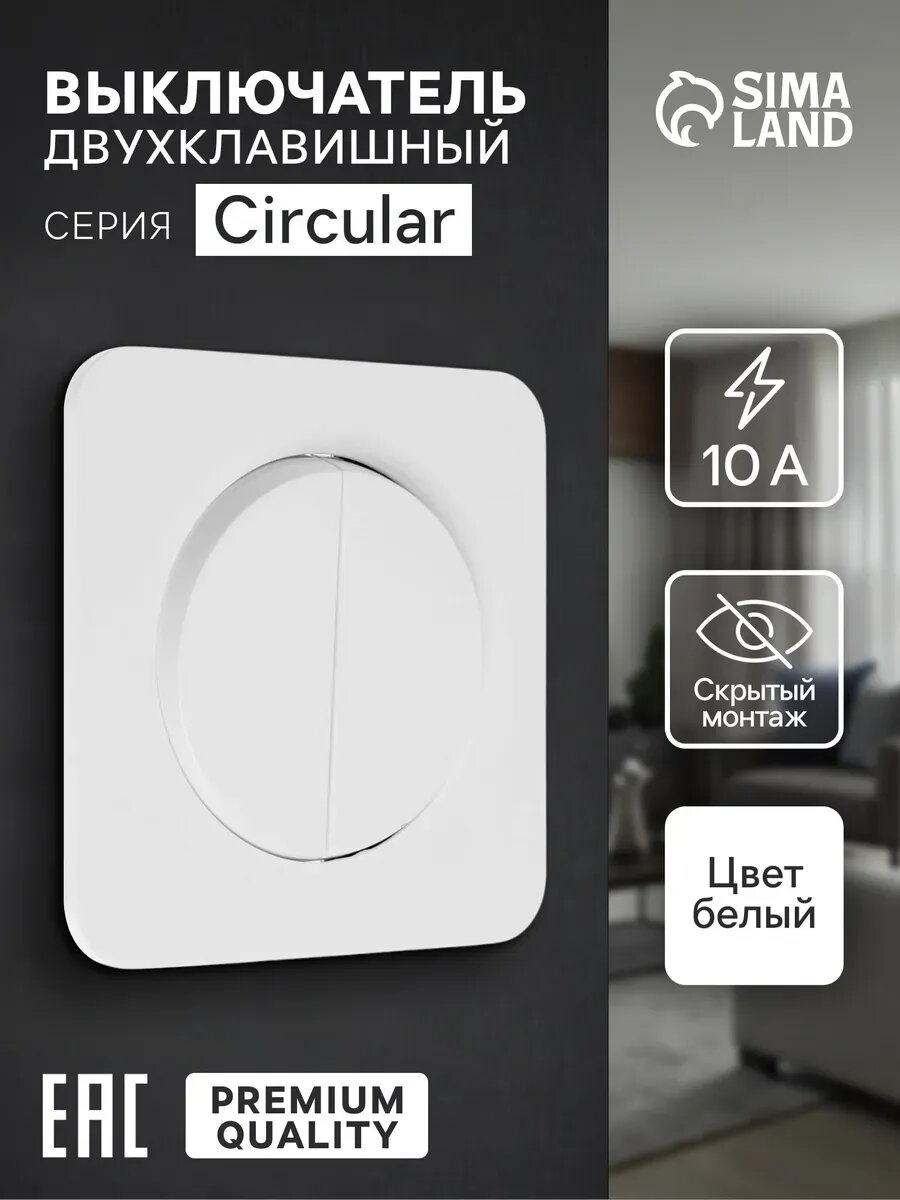 Выключатель 10 А, двухклавишный, скрытый монтаж, белый