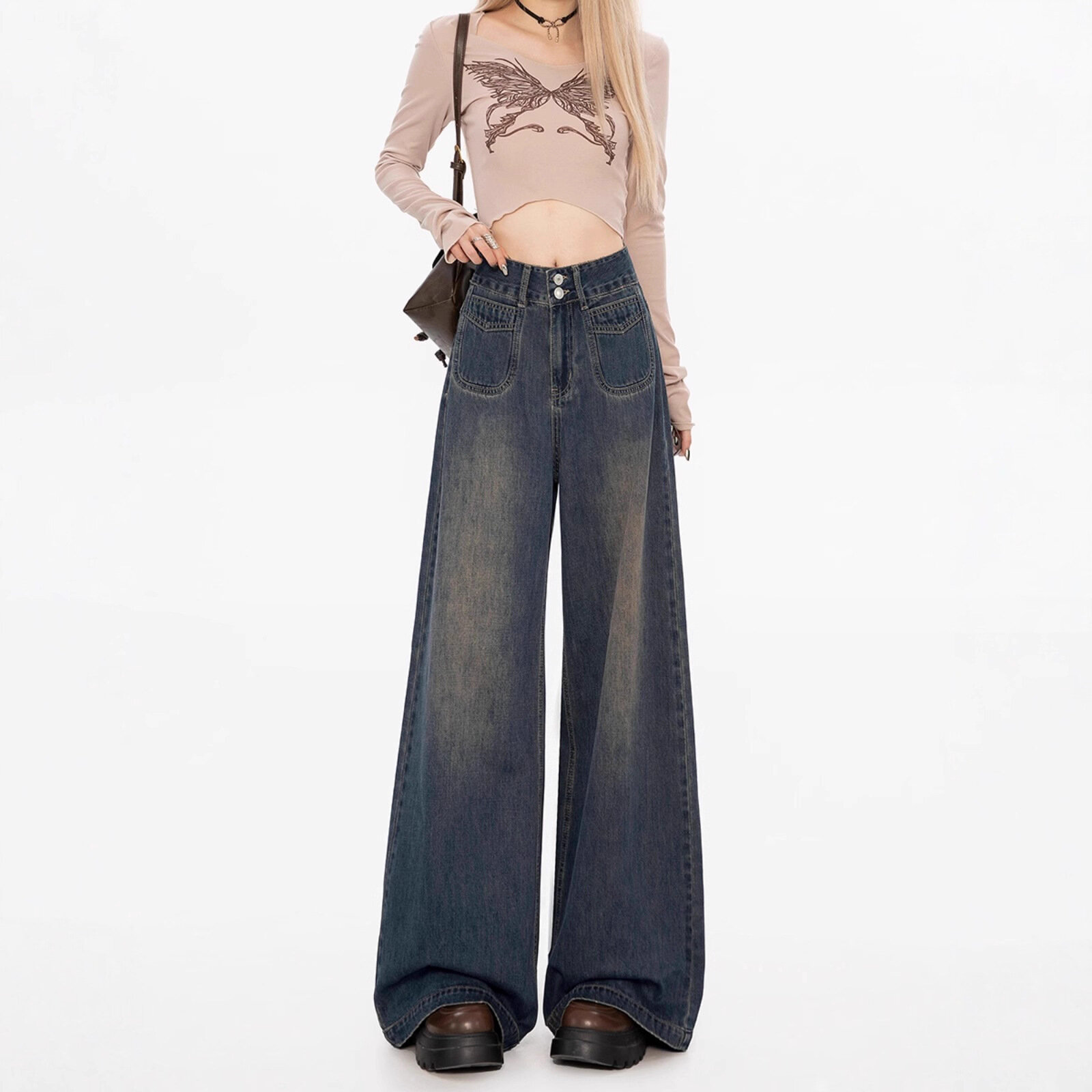 Женские джинсы Версия повышения Цементно-серый с мехом широкий зимой