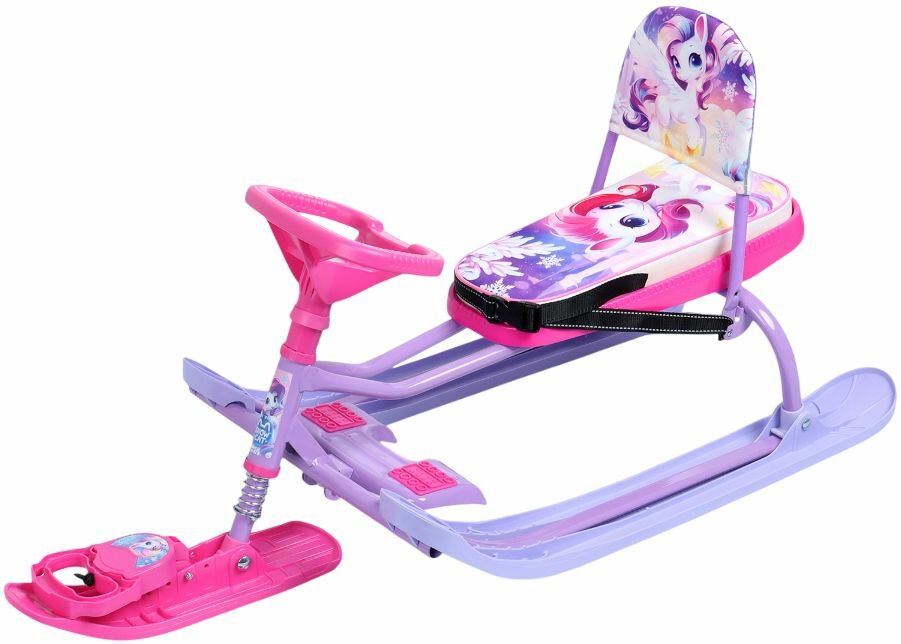 Снегокат детский "Лошадка" со спинкой, мягким сиденьем, амортизацией и авторулем, 110х48х45 см, нагрузка до 100 кг, ремень безопасности, от 4 лет, розово-фиолетовый