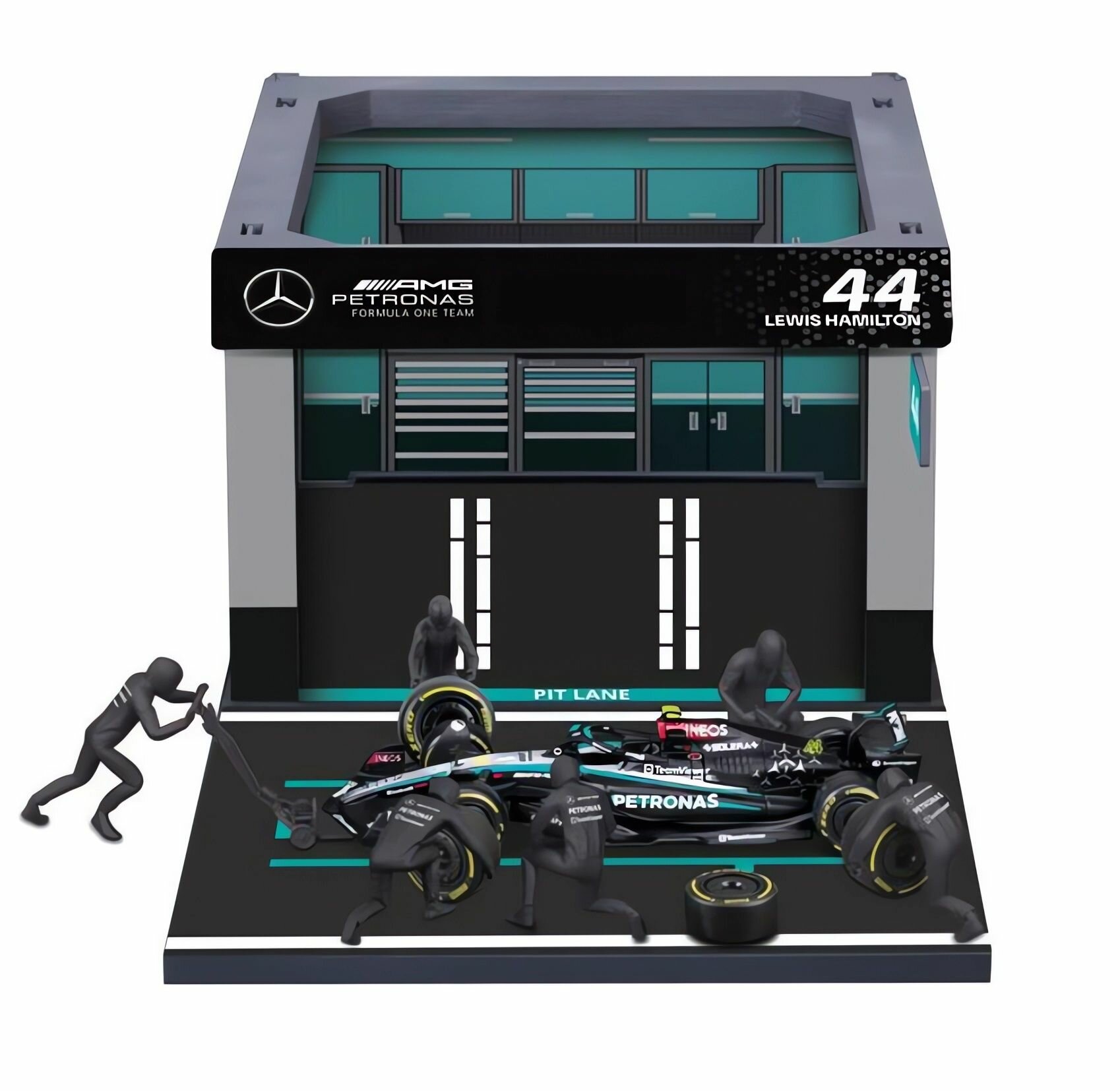 Пит-стоп гараж "Bburago" + коллекционная модель болида Формулы-1. Mercedes W15 (Льюис Хэмилтон) Масштаб 1:43