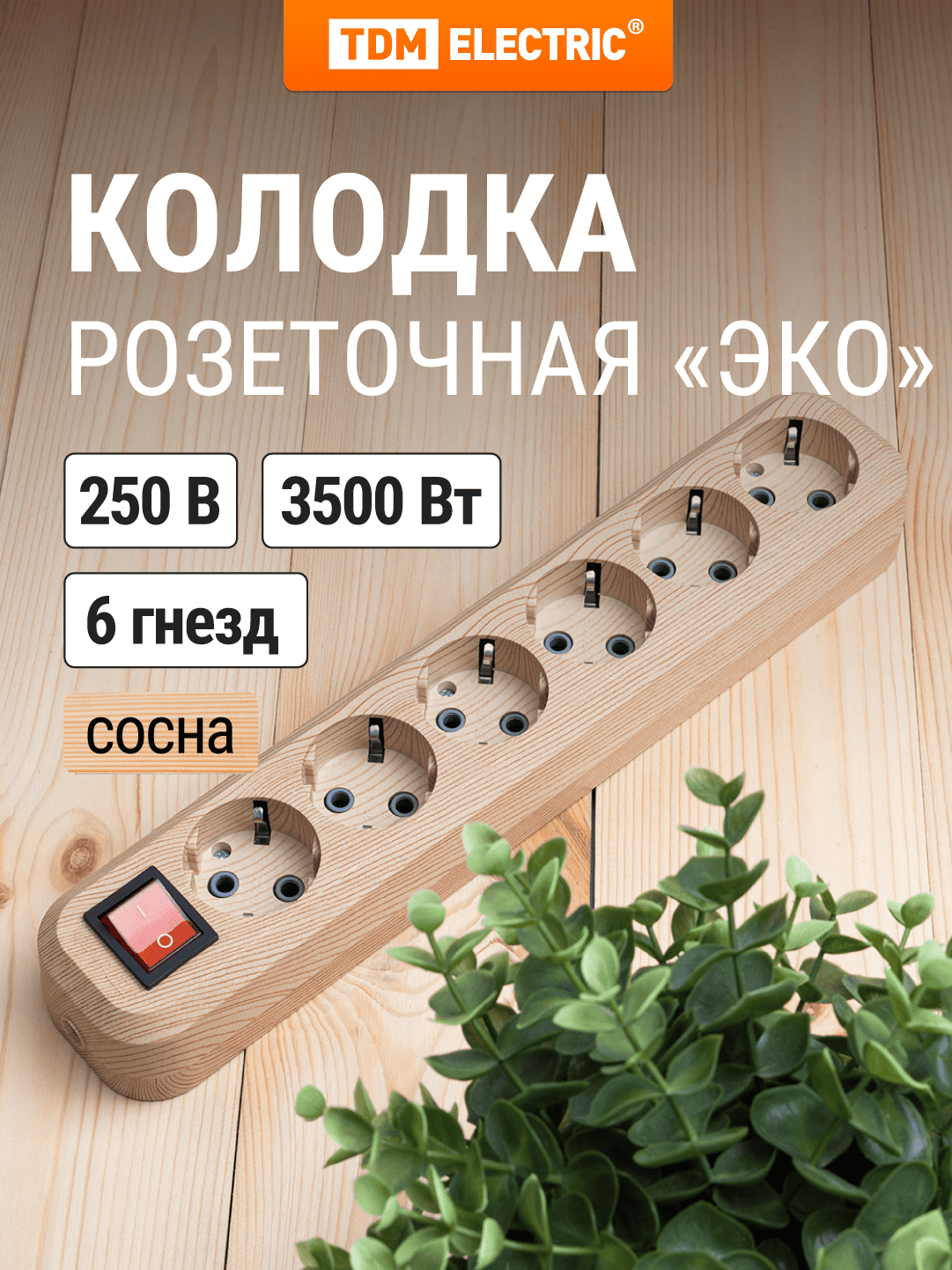 Колодка для удлинителя на 6 гнезд 2П, с заземлением, с выключателем 16А 250В "Эко" (сосна) TDM Electric