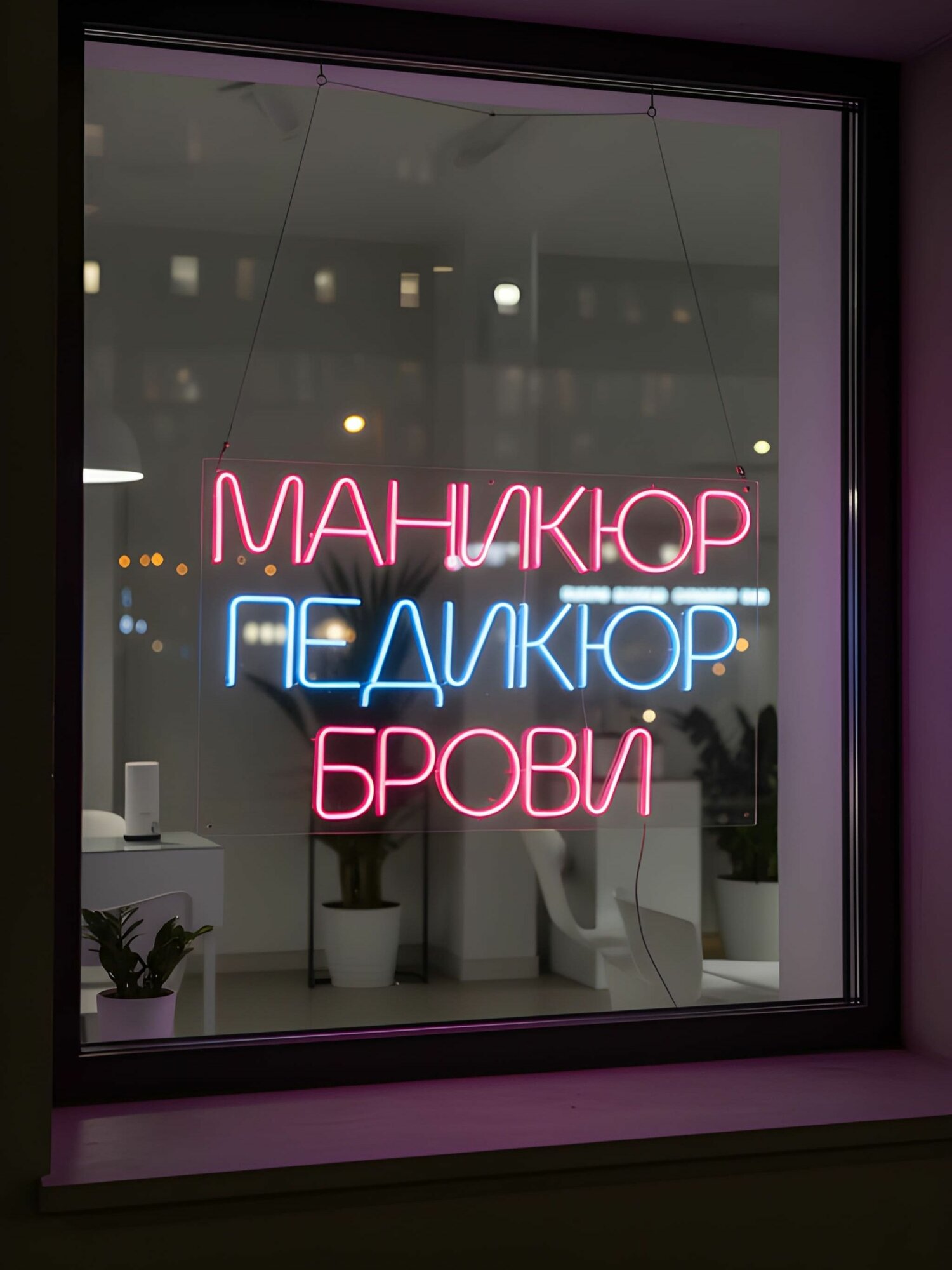 Неоновая вывеска "Маникюр, педикюр, брови" 90х53 см, неоновая надпись, LED светильник для салона маникюра / педикюра / нейл-студии