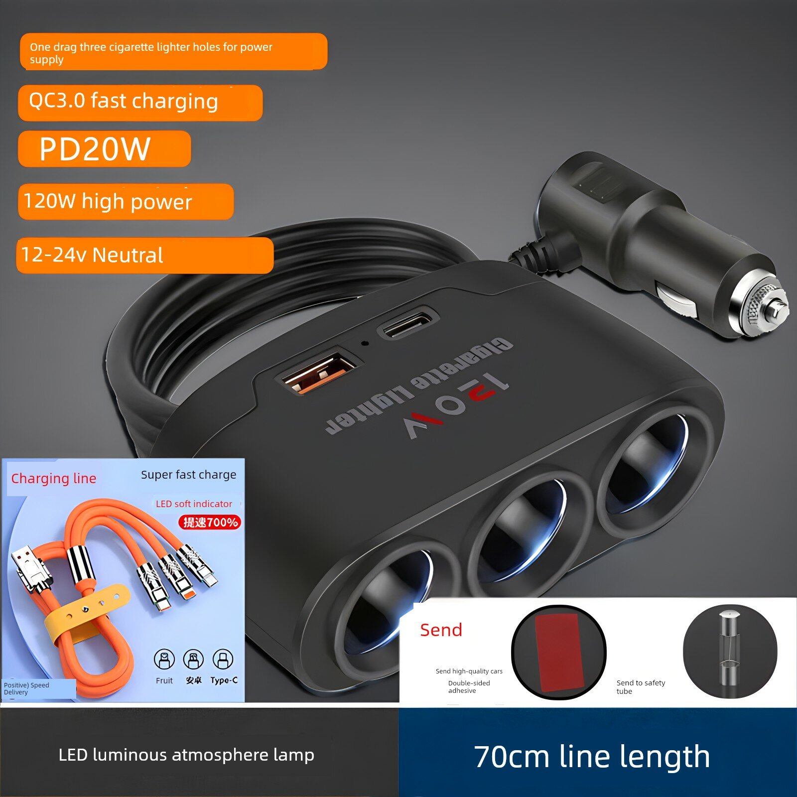 Автомобильное зарядное устройство с кабелем, адаптер для прикуривателя, блок питания, быстрое зарядное устройство PD