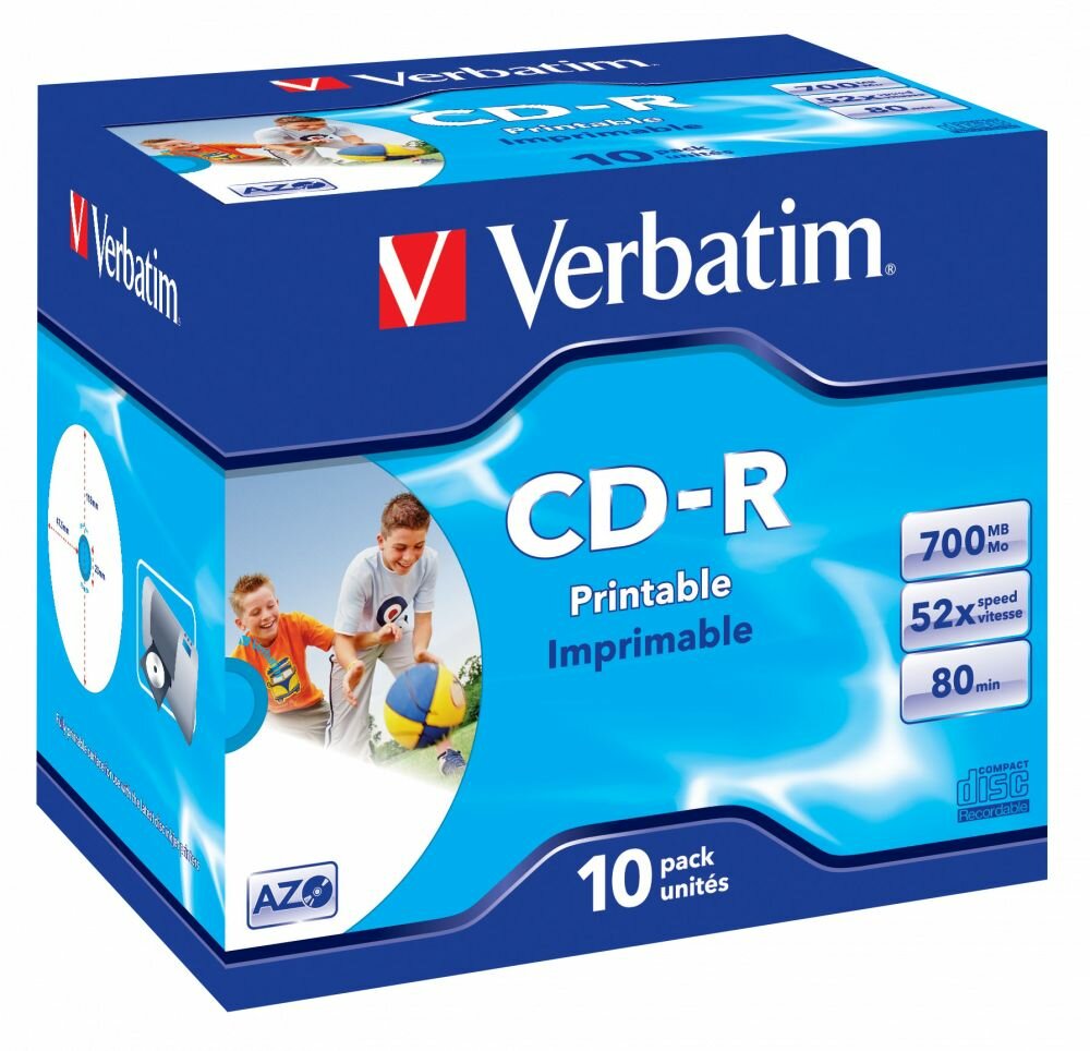Оптические диски Verbatim CD-R 700 МБ 52X AZO под струйную печать Printable 10 шт. в коробках