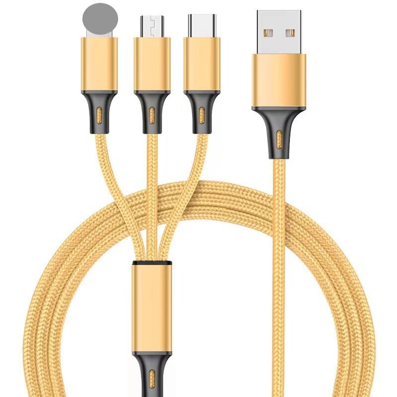 1,2 м Кабель зарядки 3 в 1 с плетеной оплеткой USB-C к Lightning и Micro USB, золотой, без оболочки, длина 120 см