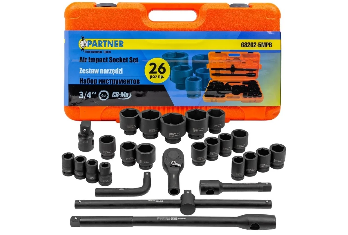 Набор инструментов Partner, ударные, 26 предметов, 3/4" 1", в кейсе