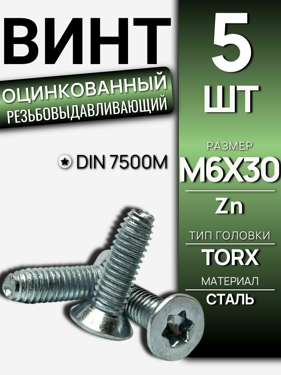 Оцинкованный резьбовыдавливающий винт M6Х30 (DIN 7500M, TORX), металлический крепёж, комплект 5 шт
