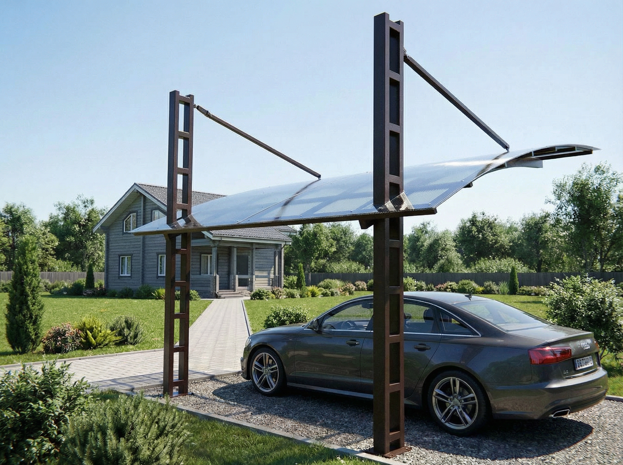 Автонавес консольный TEHNO ARL-A, поликарбонат НЕ входит в комплект, размер 3,85x6,1 м, цвет шоколад RAL 8017