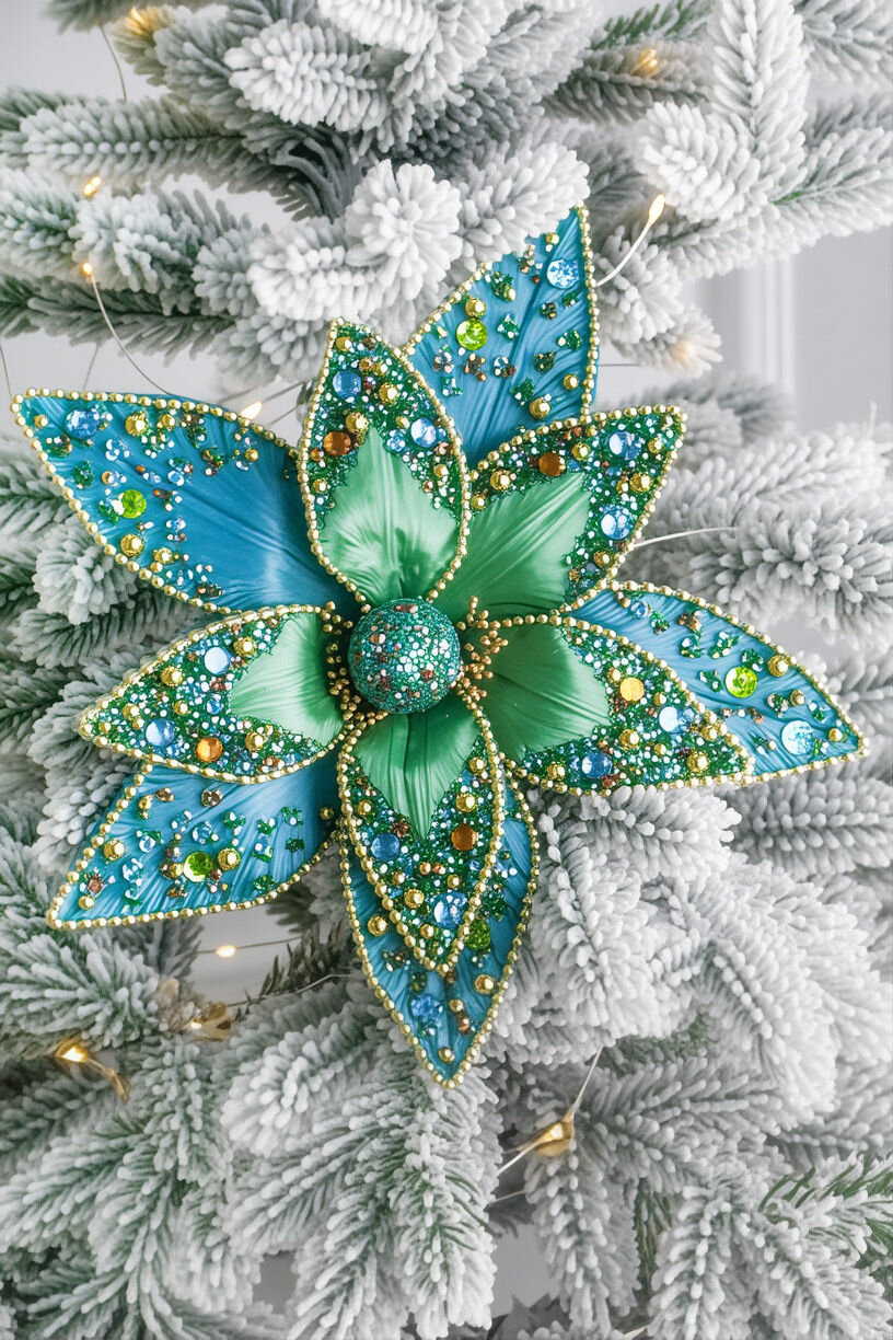 Искусственная пуансеттия бирюзовая звезда на клипсе, бумага, 27 см, Winter Deco 5001133