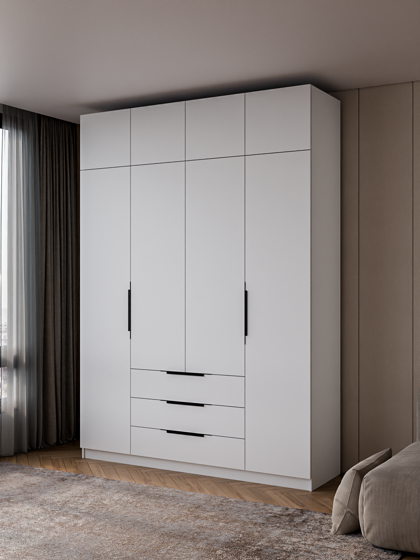 Шкаф распашной Брайт | Корпус ЛДСП Белый | Фасад ЛДСП Белый | Ручка торцевая чёрная