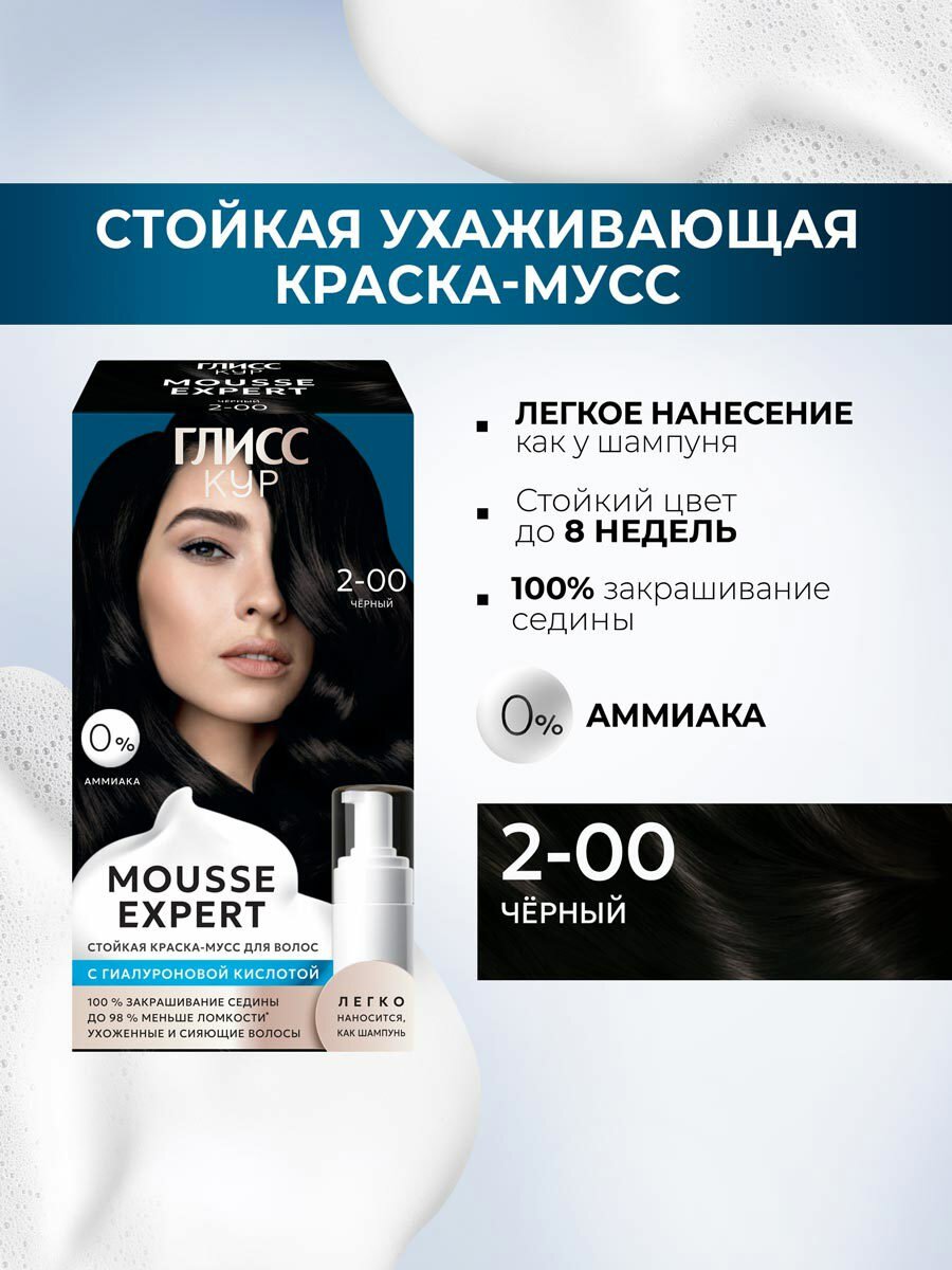 Краска-мусс для волос Глисс Кур Mousse Expert, тон: 2-00 Черный, 85мл