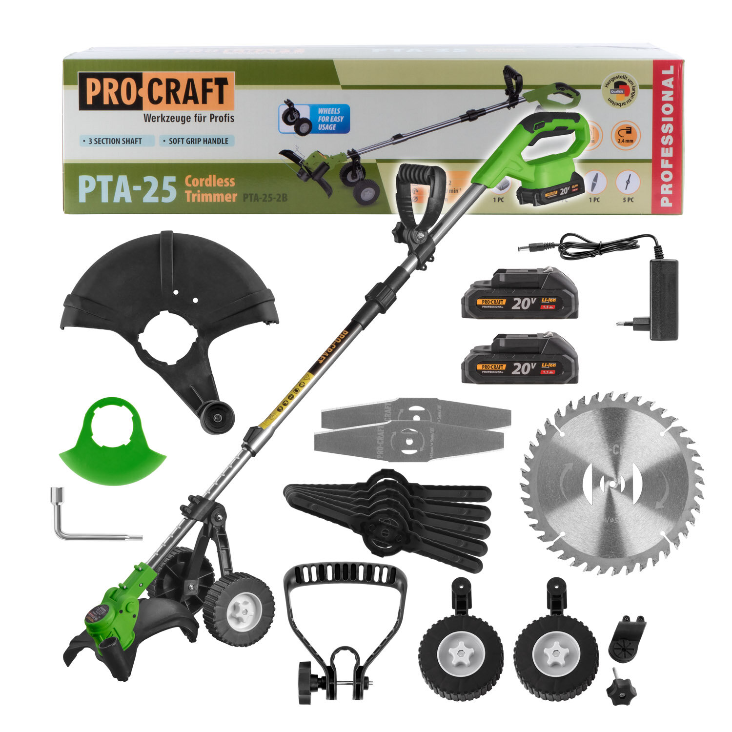 Триммер аккумуляторный Pro-Craft PTA-25-2B, щеточный двигатель, колеса в комплекте.