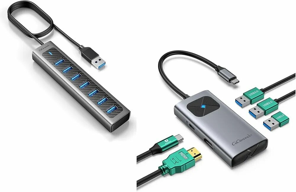 Набор USB-C Хаба 2 в 1, 7-портовый USB 3.0 концентратор + 5 в 1 переходник на 4K HDMI с PD зарядкой 60W Для MacBook, iPad, Samsung Galaxy Серый