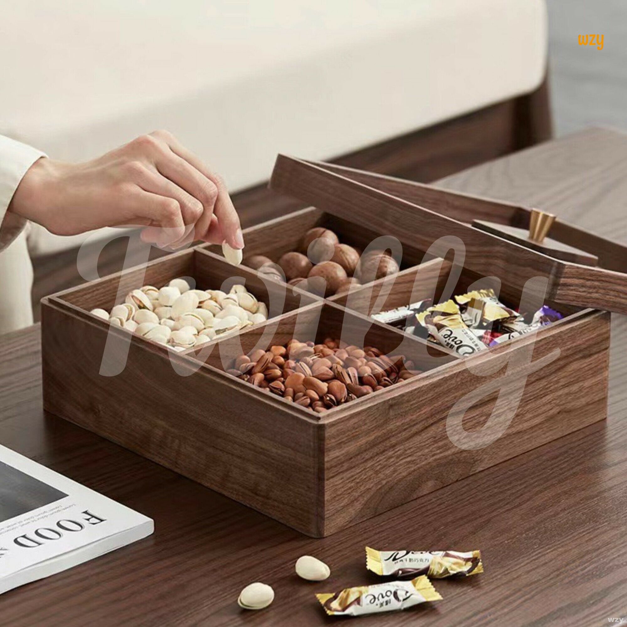 Менажница деревянная с крышкой, конфетница, блюдо для сухофруктов и орехов, блюдо для закусок, универсальный подарок