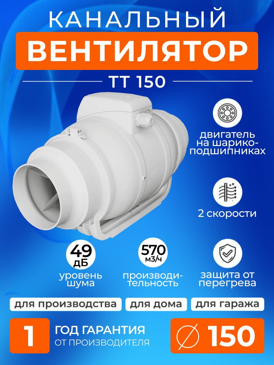 Вентилятор 150 мм приточно-вытяжной TT 150, осевой, 2 скорости, малошумный, вытяжка в гараж, подвал, на склад, VEO