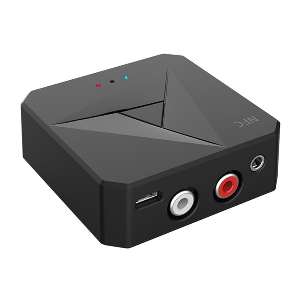 Передавач-приймач NFC BT 5.0 з портами AUX RCA для автомобільної аудіосистеми та домашнього стерео, 2-в-1, матеріал ABS PC, колір чорний, робоча напруга DC5V (1-2.1A), живлення через USB, дістанція 10M, сумісність A2DP AVRCP HFP, розміри 6cm X 6cm X 2cm,